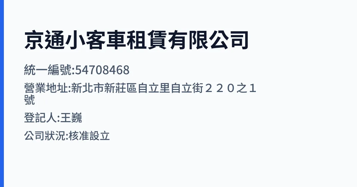 京通小客車租賃有限公司 - 統編 54708468(新北市) 公司登記資料與營業項目詳細圖表