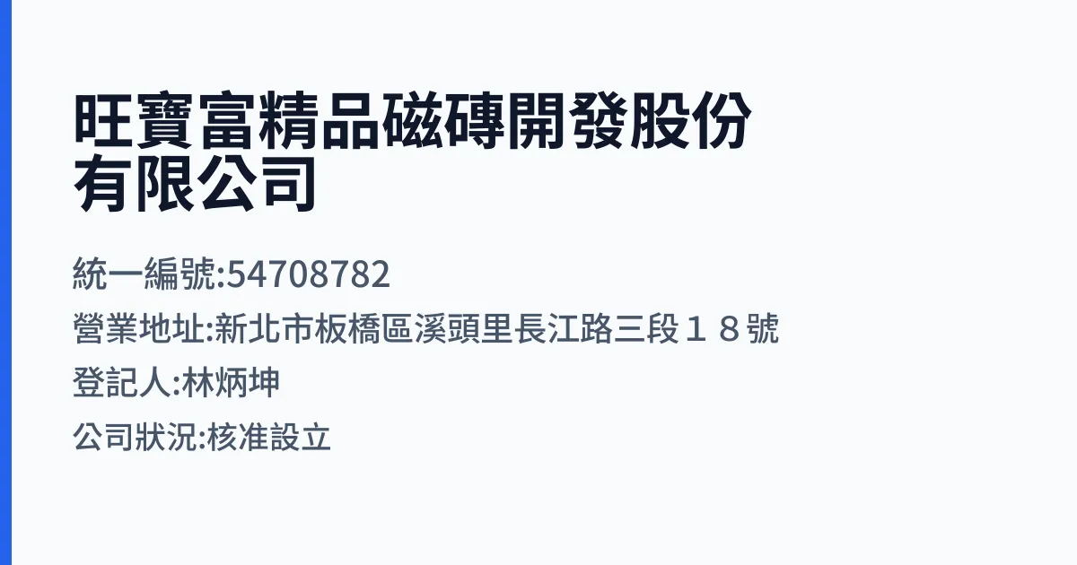 旺寶富精品磁磚開發股份有限公司 - 統編 54708782(新北市) 公司登記資料與營業項目詳細圖表