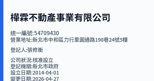 樺霖不動產事業有限公司的照片-統編 54709430(新北市) 公司登記資料與營業項目詳細圖表