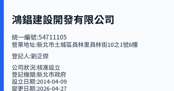 鴻錩建設開發有限公司的照片-統編 54711105(新北市) 公司登記資料與營業項目詳細圖表