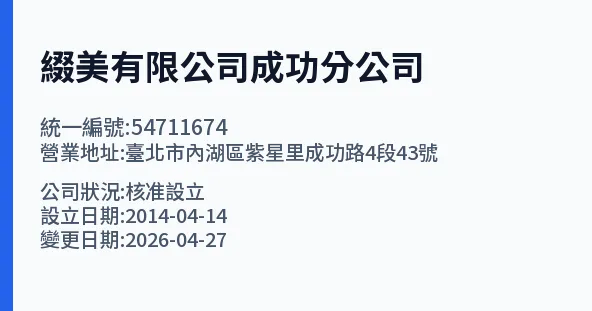 綴美有限公司成功分公司的照片-統編 54711674(臺北市) 公司登記資料與營業項目詳細圖表