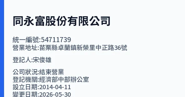 同永富股份有限公司的照片-統編 54711739(苗栗縣) 公司登記資料與營業項目詳細圖表
