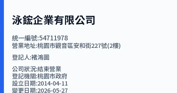 泳鋐企業有限公司的照片-統編 54711978(桃園市) 公司登記資料與營業項目詳細圖表
