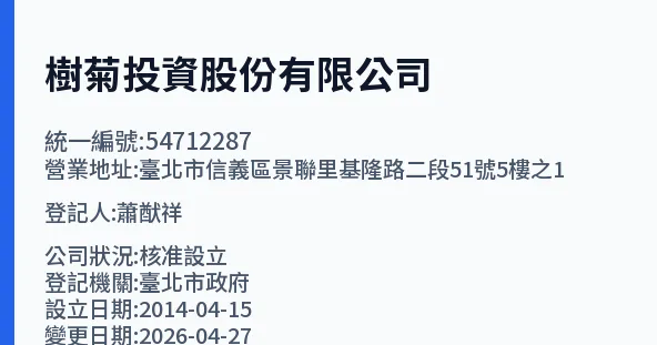 樹菊投資股份有限公司的照片-統編 54712287(臺北市) 公司登記資料與營業項目詳細圖表