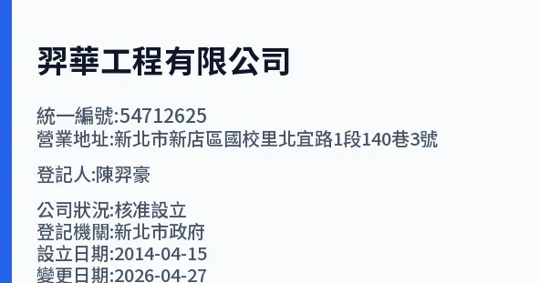 羿華工程有限公司的照片-統編 54712625(新北市) 公司登記資料與營業項目詳細圖表