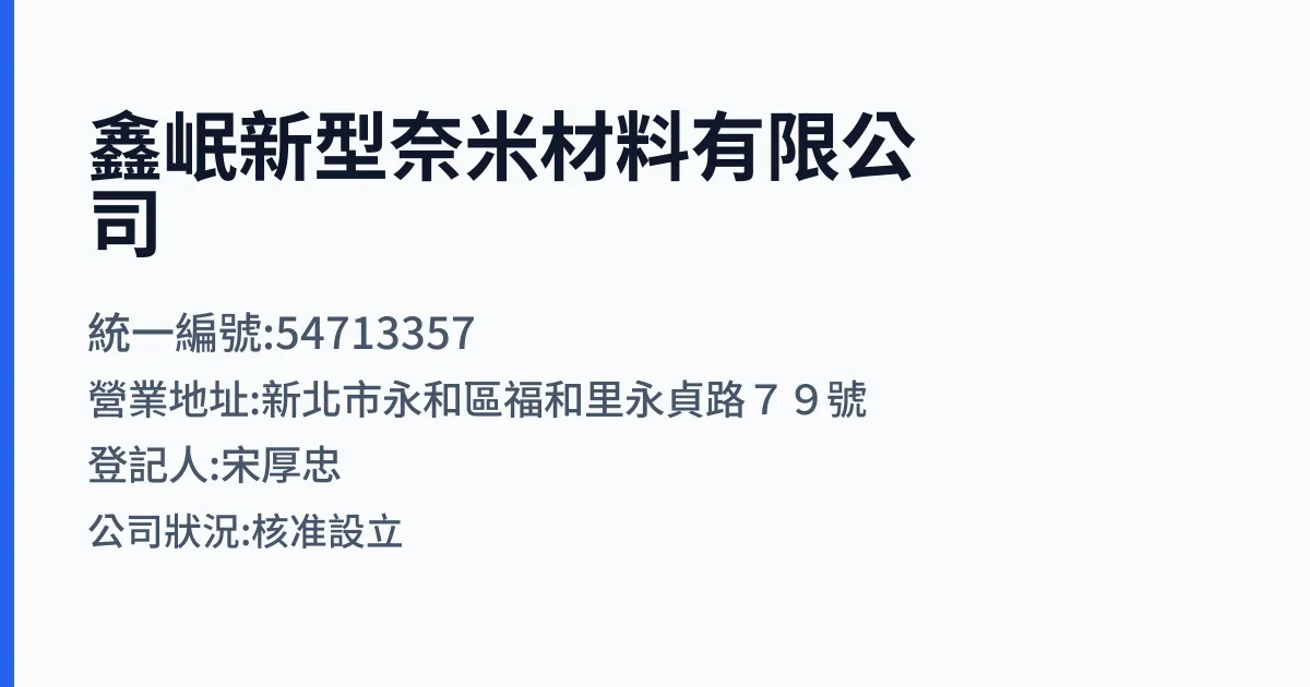 鑫岷新型奈米材料有限公司 - 統編 54713357(新北市) 公司登記資料與營業項目詳細圖表