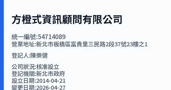 方橙式資訊顧問有限公司的照片-統編 54714089(新北市) 公司登記資料與營業項目詳細圖表