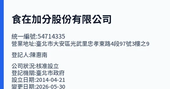 食在加分股份有限公司的照片-統編 54714335(臺北市) 公司登記資料與營業項目詳細圖表