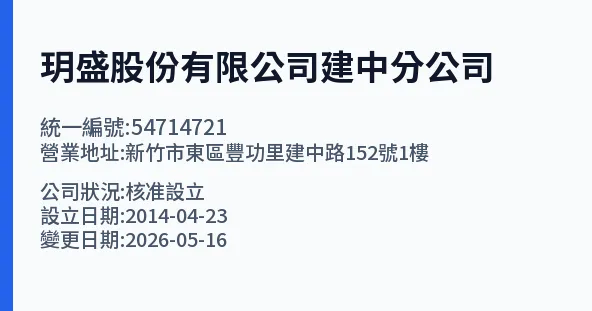 玥盛股份有限公司建中分公司的照片-統編 54714721(新竹市) 公司登記資料與營業項目詳細圖表