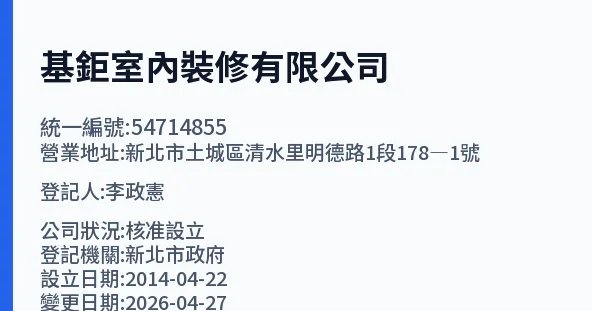 基鉅室內裝修有限公司的照片-統編 54714855(新北市) 公司登記資料與營業項目詳細圖表