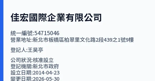 佳宏國際企業有限公司的照片-統編 54715046(新北市) 公司登記資料與營業項目詳細圖表