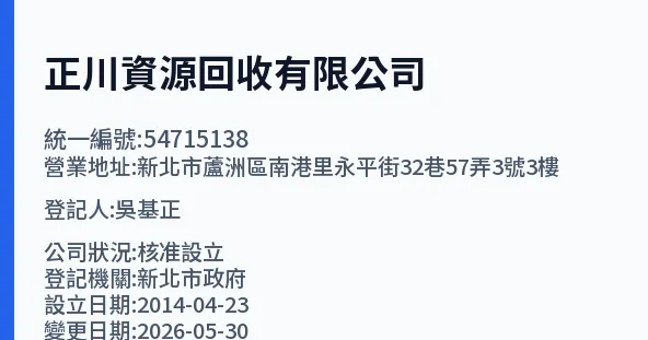 正川資源回收有限公司的照片-統編 54715138(新北市) 公司登記資料與營業項目詳細圖表