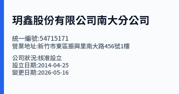 玥鑫股份有限公司南大分公司的照片-統編 54715171(新竹市) 公司登記資料與營業項目詳細圖表