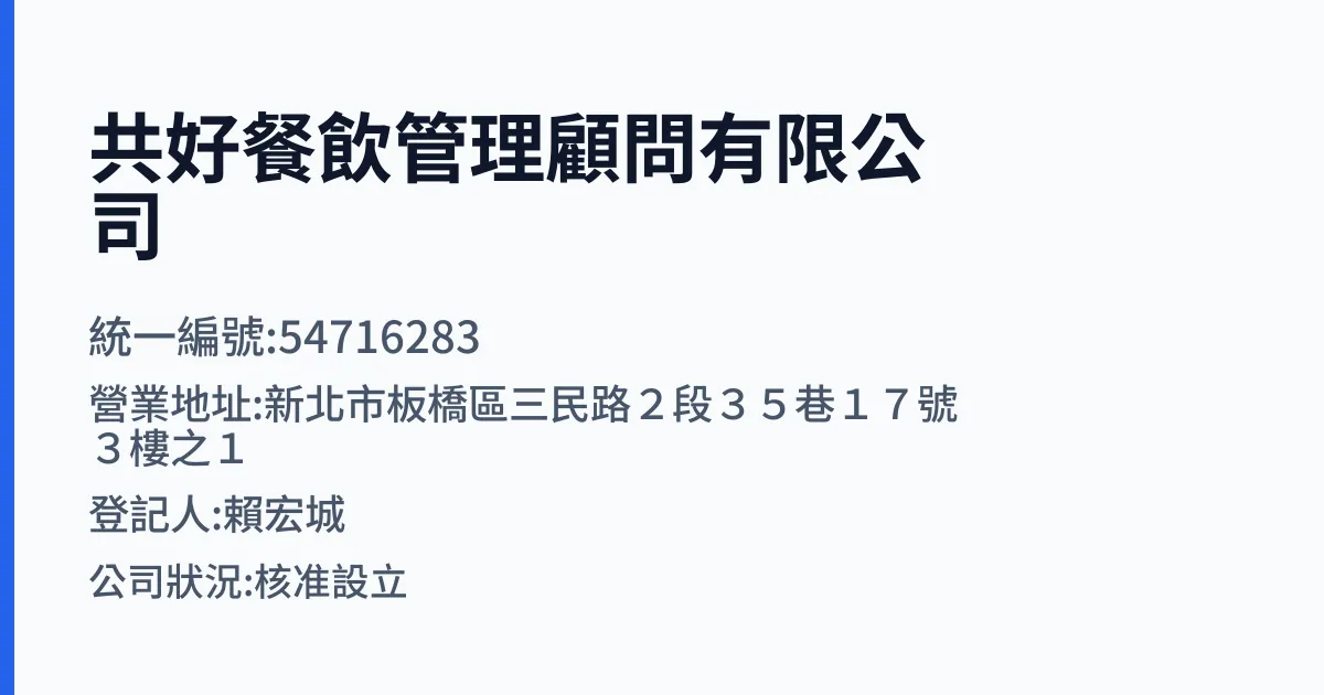 共好餐飲管理顧問有限公司 - 統編 54716283(新北市) 公司登記資料與營業項目詳細圖表