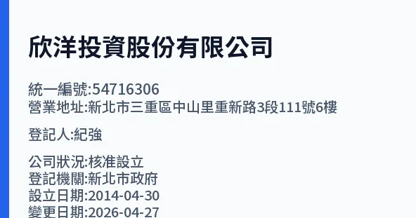 欣洋投資股份有限公司的照片-統編 54716306(新北市) 公司登記資料與營業項目詳細圖表