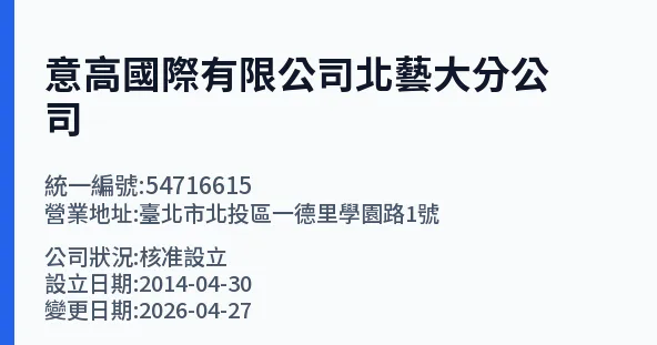 意高國際有限公司北藝大分公司的照片-統編 54716615(臺北市) 公司登記資料與營業項目詳細圖表