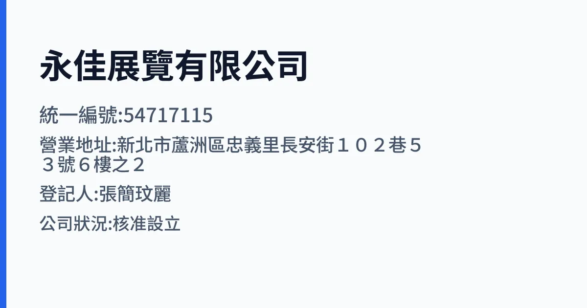 永佳展覽有限公司 - 統編 54717115(新北市) 公司登記資料與營業項目詳細圖表