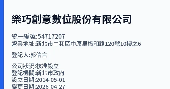 樂巧創意數位股份有限公司的照片-統編 54717207(新北市) 公司登記資料與營業項目詳細圖表