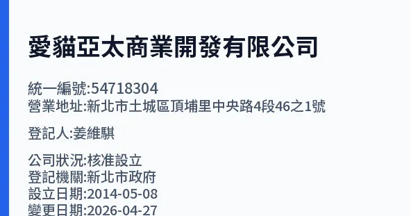 愛貓亞太商業開發有限公司的照片-統編 54718304(新北市) 公司登記資料與營業項目詳細圖表
