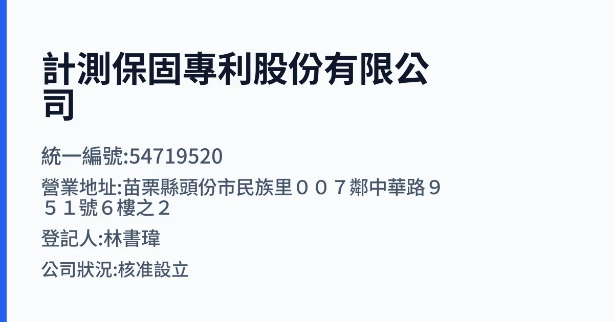 計測保固專利股份有限公司 - 統編 54719520(苗栗縣) 公司登記資料與營業項目詳細圖表