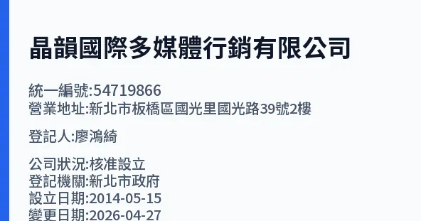 晶韻國際多媒體行銷有限公司的照片-統編 54719866(新北市) 公司登記資料與營業項目詳細圖表