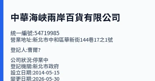 中華海峽兩岸百貨有限公司的照片-統編 54719985(新北市) 公司登記資料與營業項目詳細圖表