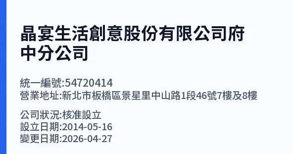 晶宴生活創意股份有限公司府中分公司的照片-統編 54720414(新北市) 公司登記資料與營業項目詳細圖表
