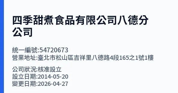 四季甜煮食品有限公司八德分公司的照片-統編 54720673(臺北市) 公司登記資料與營業項目詳細圖表