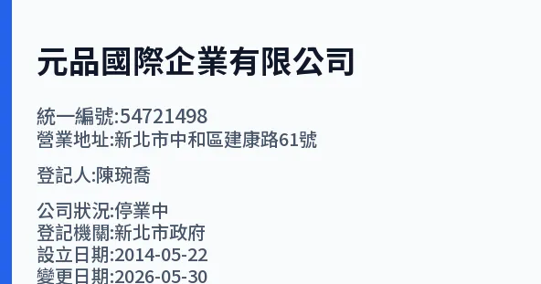 元品國際企業有限公司的照片-統編 54721498(新北市) 公司登記資料與營業項目詳細圖表