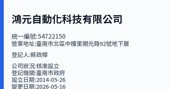 鴻元自動化科技有限公司的照片-統編 54722150(臺南市) 公司登記資料與營業項目詳細圖表