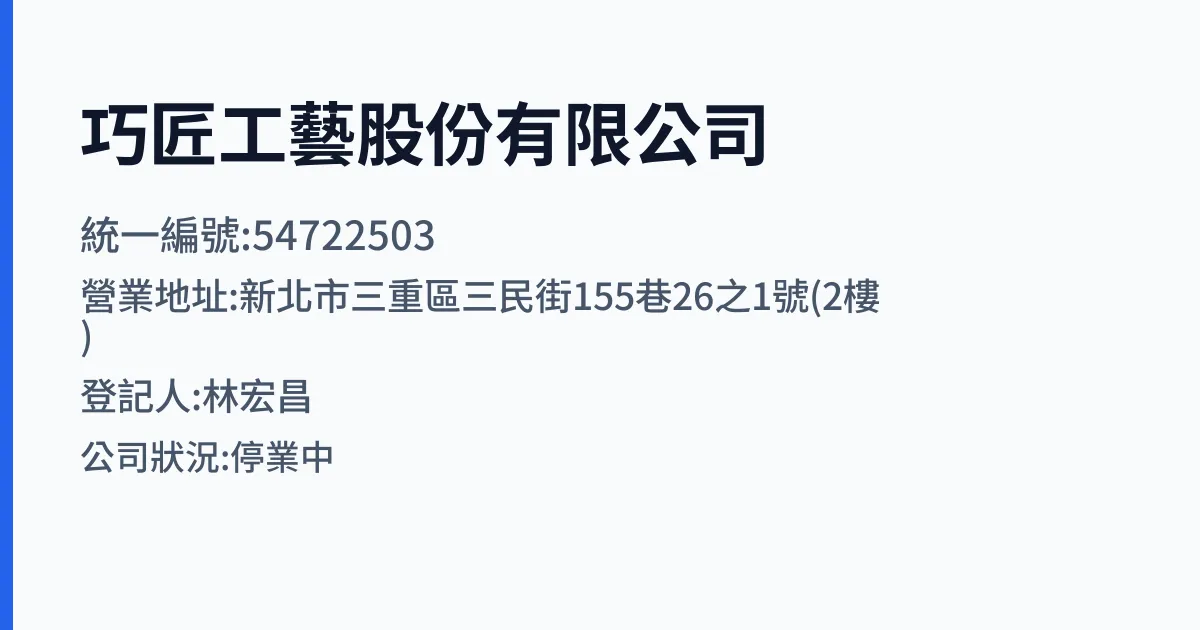 巧匠工藝股份有限公司 - 統編 54722503（新北市） 公司登記資料與營業項目詳細圖表