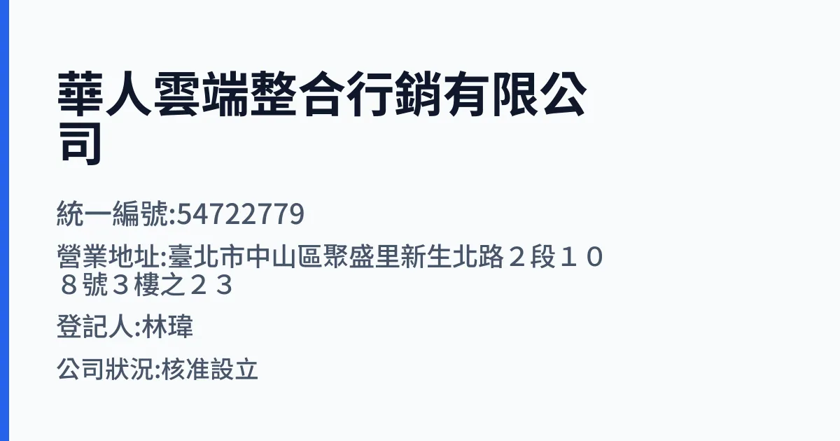 華人雲端整合行銷有限公司 - 統編 54722779(臺北市) 公司登記資料與營業項目詳細圖表