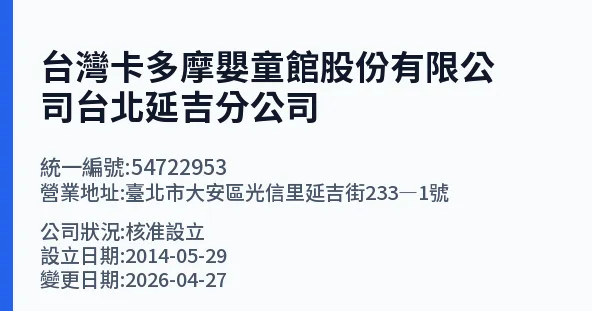 台灣卡多摩嬰童館股份有限公司台北延吉分公司的照片-統編 54722953(臺北市) 公司登記資料與營業項目詳細圖表