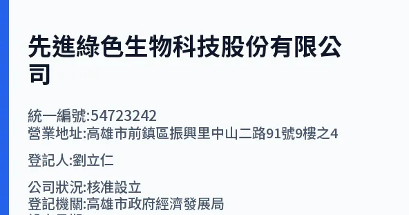 先進綠色生物科技股份有限公司的照片-統編 54723242(高雄市) 公司登記資料與營業項目詳細圖表