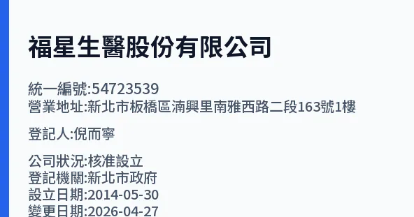 福星生醫股份有限公司的照片-統編 54723539(新北市) 公司登記資料與營業項目詳細圖表