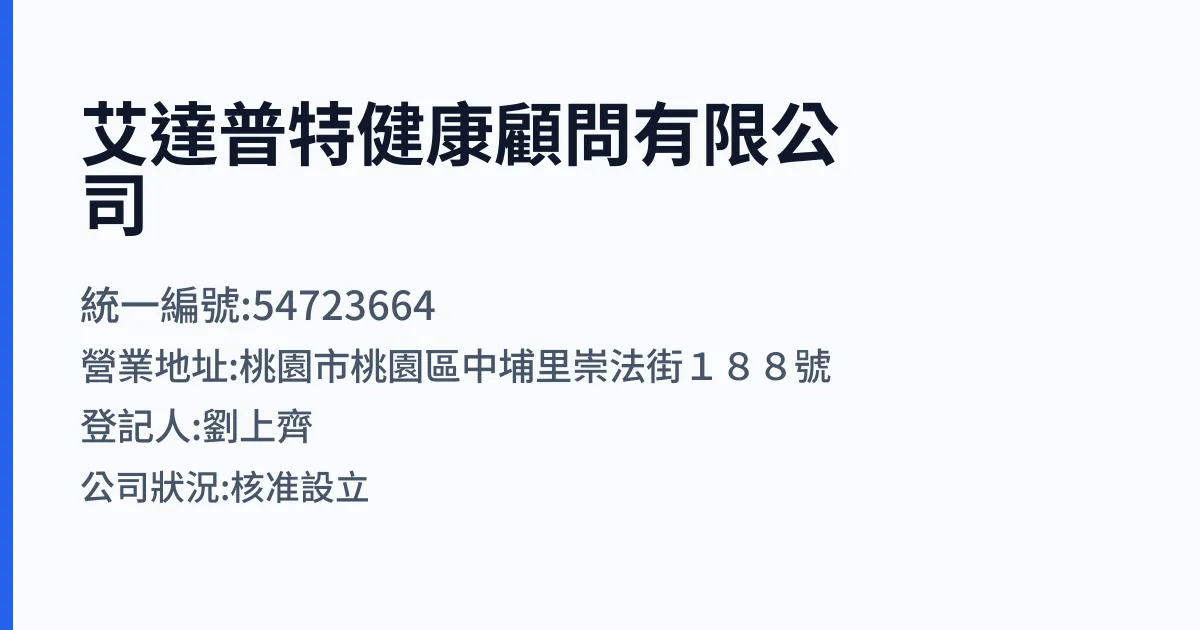 艾達普特健康顧問有限公司 - 統編 54723664(桃園市) 公司登記資料與營業項目詳細圖表