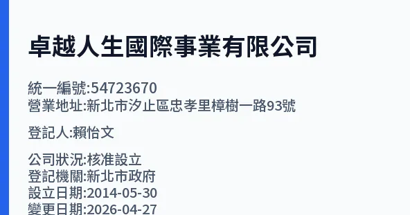 卓越人生國際事業有限公司的照片-統編 54723670(新北市) 公司登記資料與營業項目詳細圖表