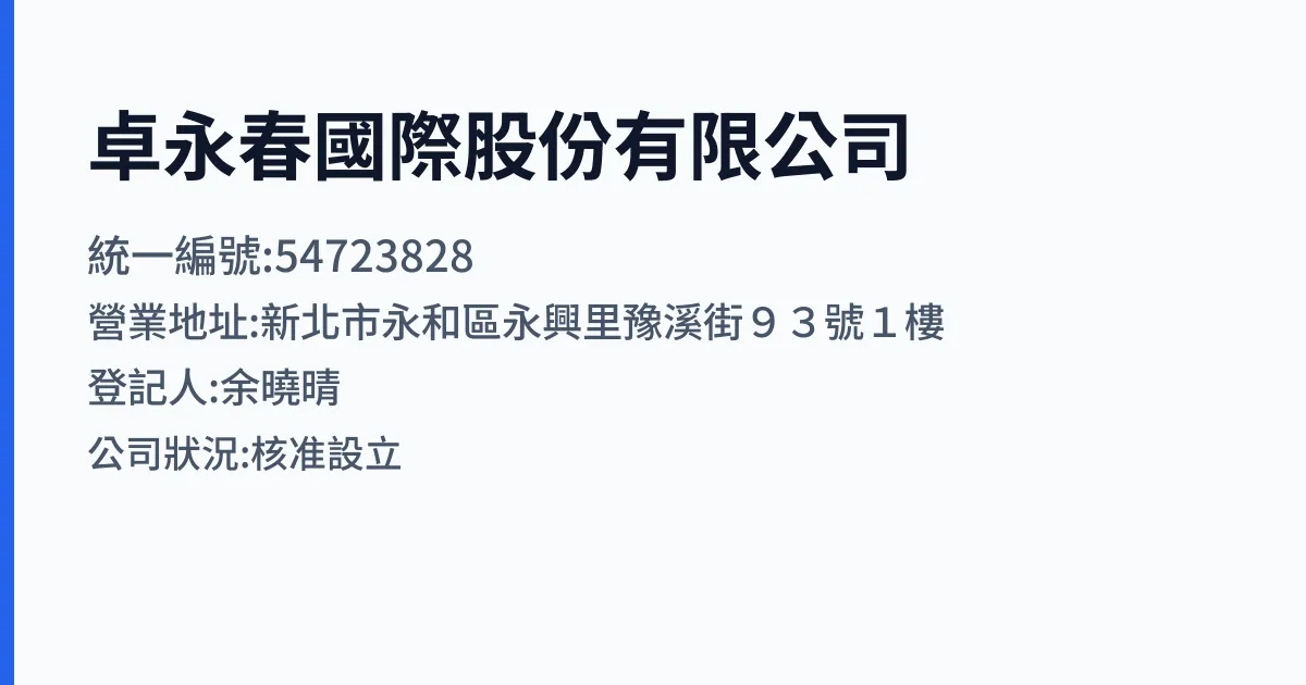 卓永春國際股份有限公司 - 統編 54723828(新北市) 公司登記資料與營業項目詳細圖表