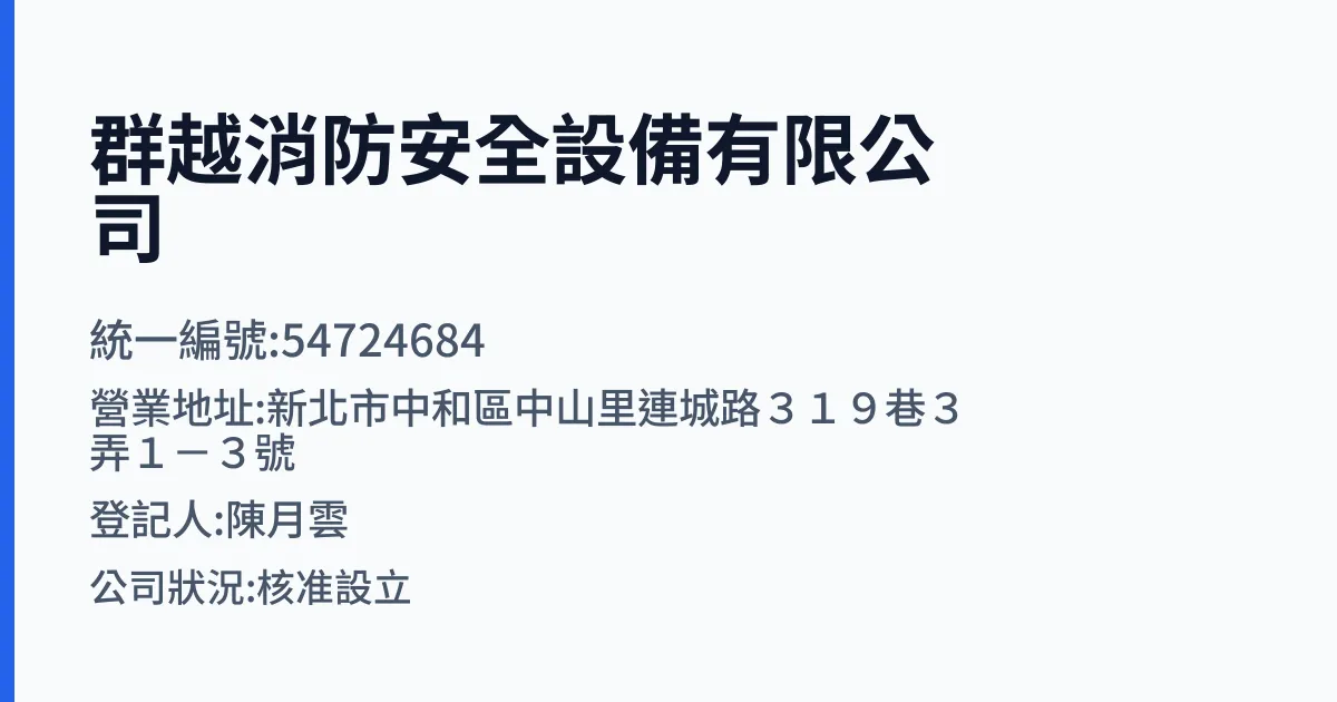 群越消防安全設備有限公司 - 統編 54724684(新北市) 公司登記資料與營業項目詳細圖表