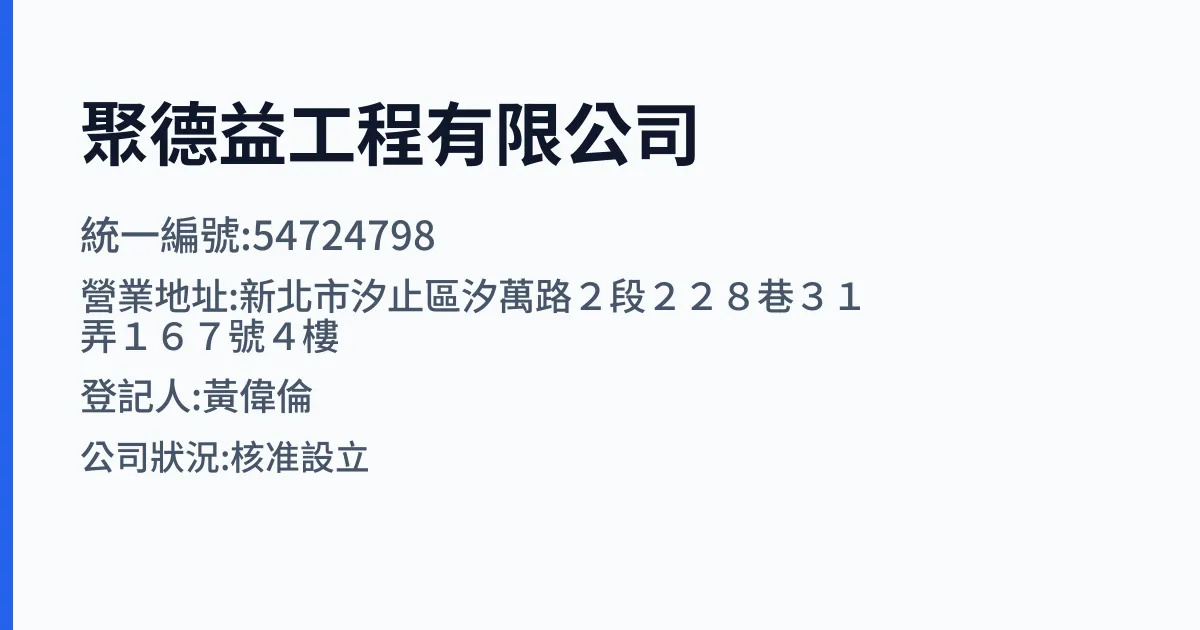 聚德益工程有限公司 - 統編 54724798(新北市) 公司登記資料與營業項目詳細圖表