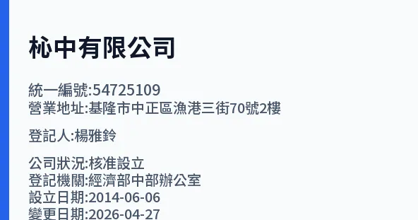 杺中有限公司的照片-統編 54725109(基隆市) 公司登記資料與營業項目詳細圖表