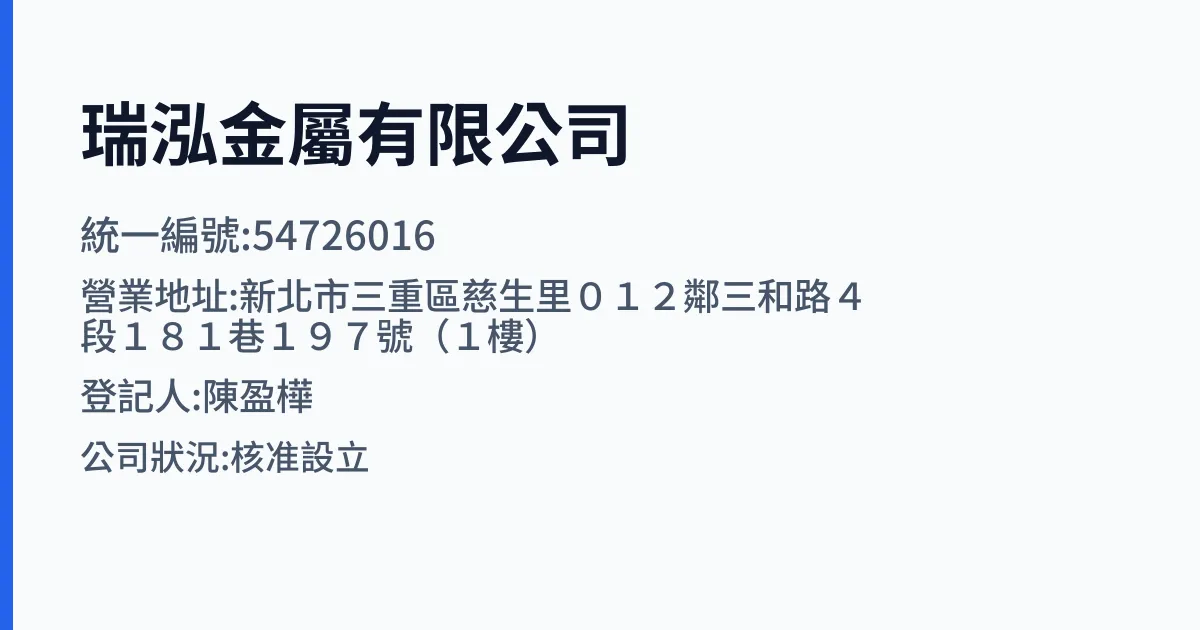 瑞泓金屬有限公司 - 統編 54726016(新北市) 公司登記資料與營業項目詳細圖表