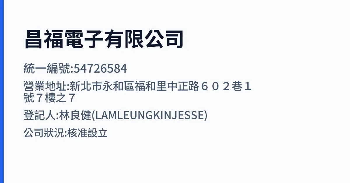 昌福電子有限公司 - 統編 54726584(新北市) 公司登記資料與營業項目詳細圖表