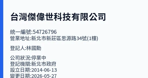 台灣傑偉世科技有限公司的照片-統編 54726796(新北市) 公司登記資料與營業項目詳細圖表