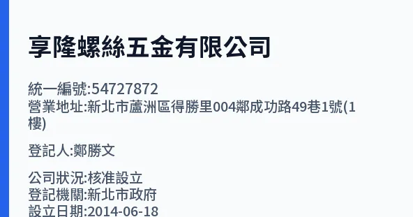 享隆螺絲五金有限公司的照片-統編 54727872(新北市) 公司登記資料與營業項目詳細圖表