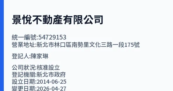景悅不動產有限公司的照片-統編 54729153(新北市) 公司登記資料與營業項目詳細圖表