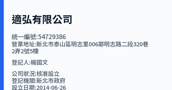 適弘有限公司的照片-統編 54729386(新北市) 公司登記資料與營業項目詳細圖表