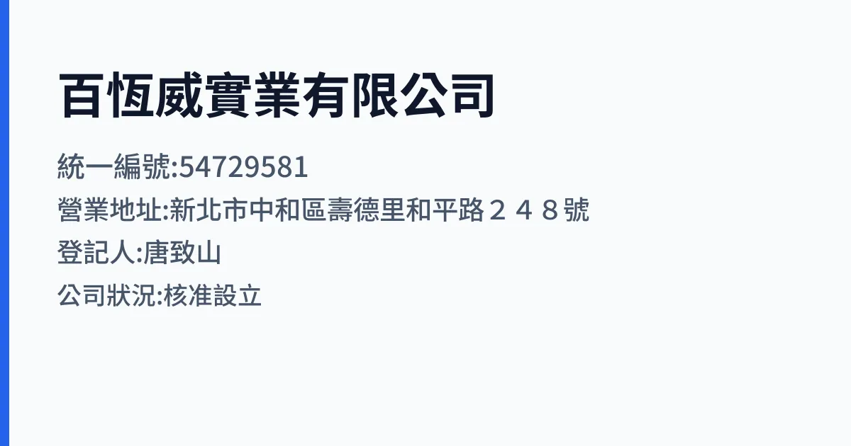 百恆威實業有限公司 - 統編 54729581(新北市) 公司登記資料與營業項目詳細圖表
