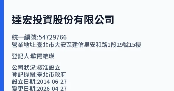 達宏投資股份有限公司的照片-統編 54729766(臺北市) 公司登記資料與營業項目詳細圖表