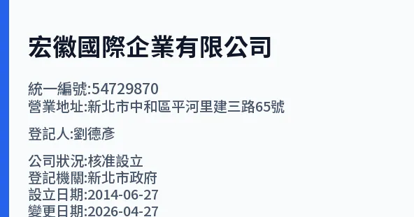 宏徽國際企業有限公司的照片-統編 54729870(新北市) 公司登記資料與營業項目詳細圖表